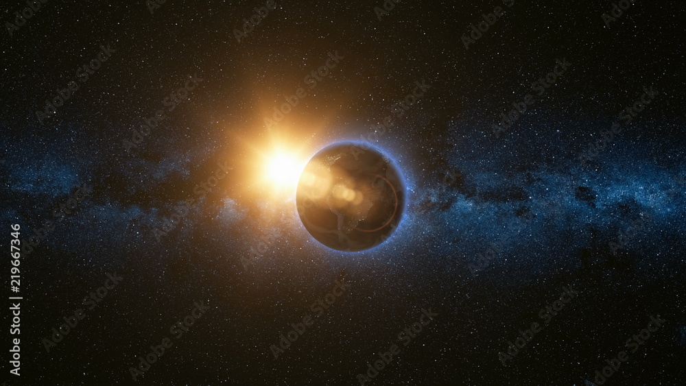 Space view on Planet Earth and Sun Star rotating on its axis in black ...
