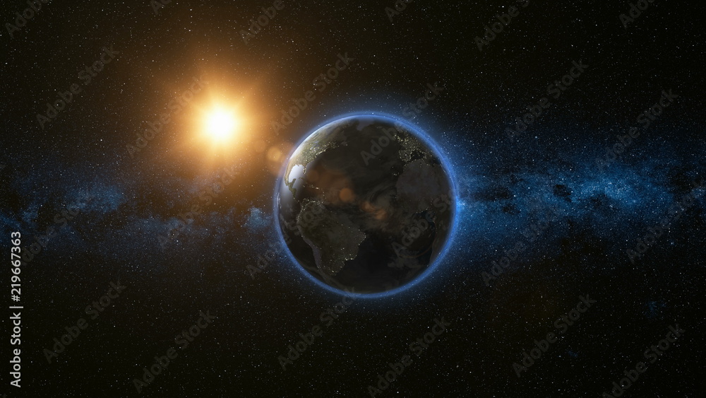 Space view on Planet Earth and Sun Star rotating on its axis in black ...