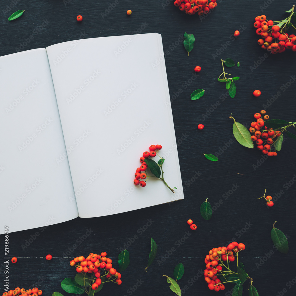 Flat lay top view open blank notebook mock up Stock Photo | Adobe Stock