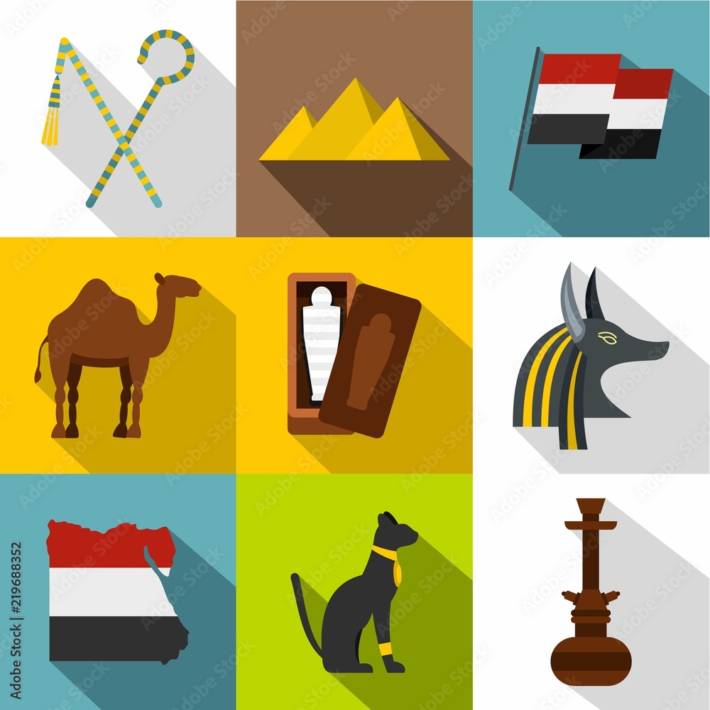 Egypt landmarks icon set. Flat style set of 9 Egypt landmarks vector ...