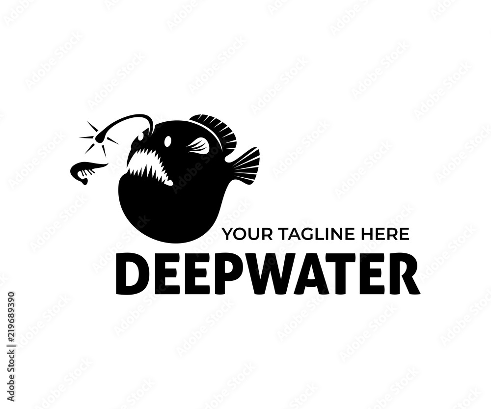 Angler fish with fishing pole and lantern and shrimp, logo design ...