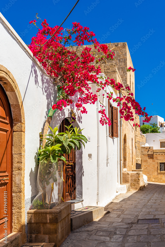 Traditional greek houses with spring flowers on Rhodes island. Lindos ...