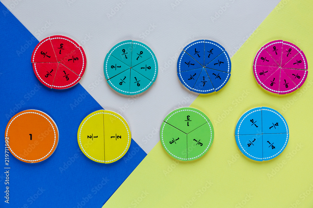 colorful math fractions on the bright backgrounds. interesting math for ...