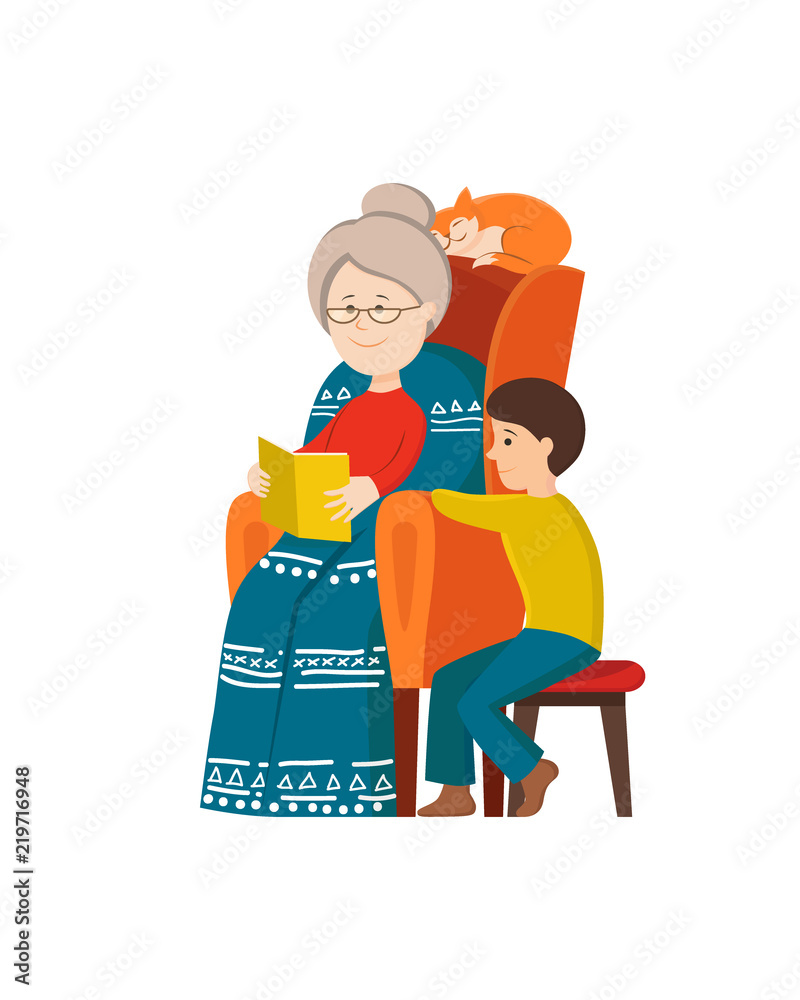 Vector cartoon grandmother reading fairy tale book to boy kid sitting ...