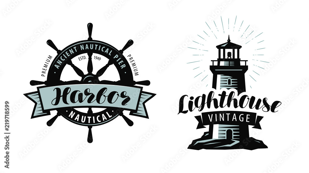 Lighthouse, sea pier, harbour logo or label. Nautical concept ...