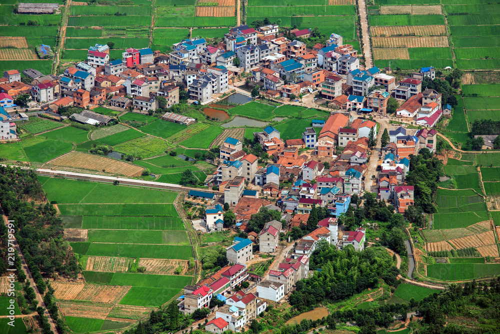 Colorful Chinese Village and farmland near Jianglangshan Scenic Area ...