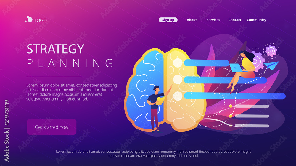 Brain with tasks and users with laptops planning. Strategy planning ...