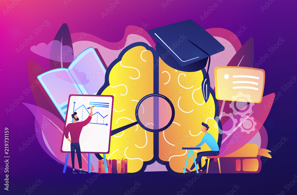 Brain with magnifier, academic cap and user learning. Learning style ...