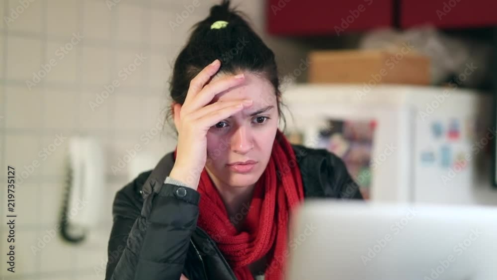 Woman reaction watching screen. Authentic candid real life scary ...