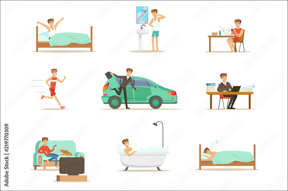Modern Man Daily Routine From Morning To Evening Series Of Cartoon ...