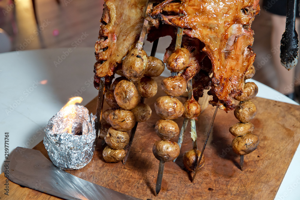 Many Cooking Traditional Turkish roasting lamb barbecues.Roasted meat ...