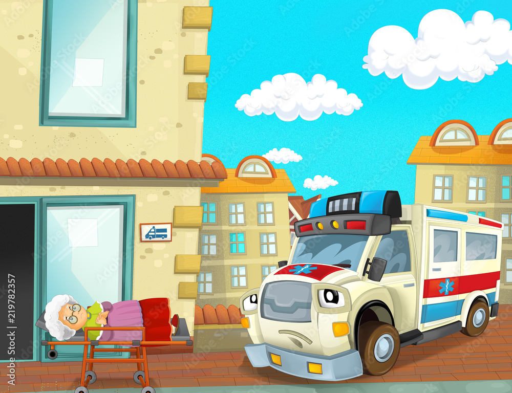 cartoon scene with ambulance and sick patient - illustration for ...
