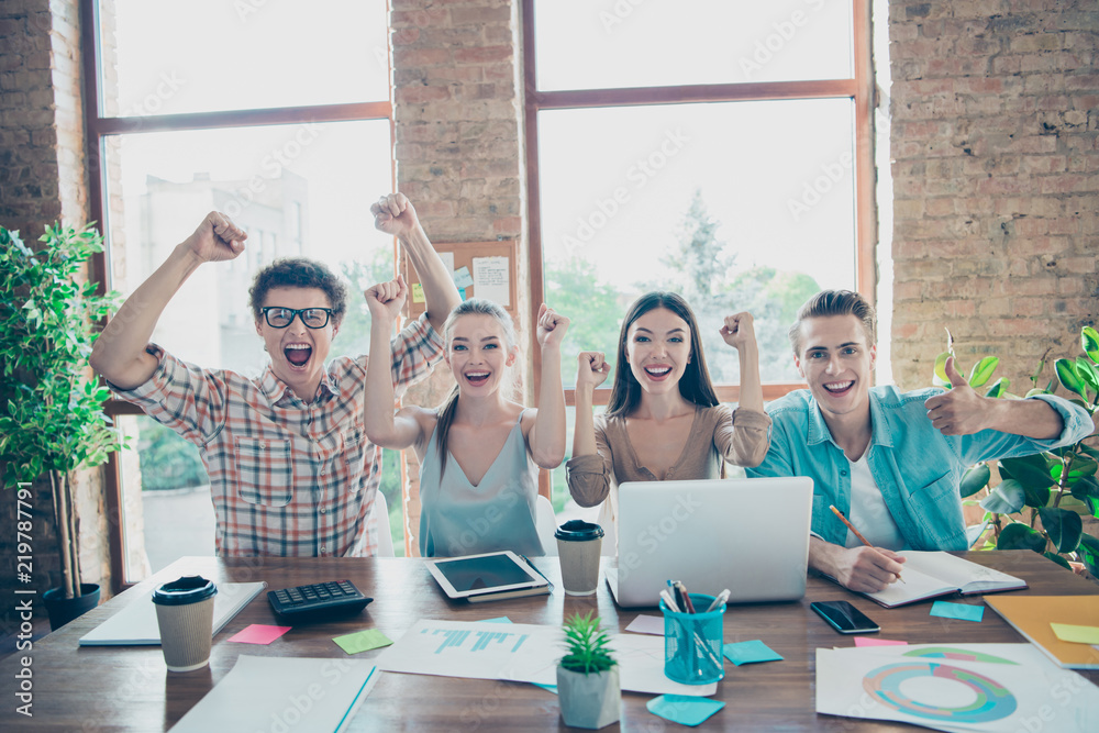 Four cheerful glad satisfied people, friends, guys and girls ...