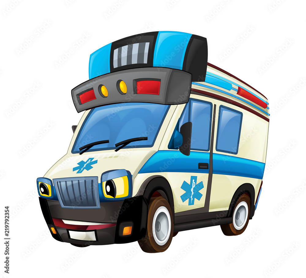 cartoon scene with happy ambulance truck on white background ...
