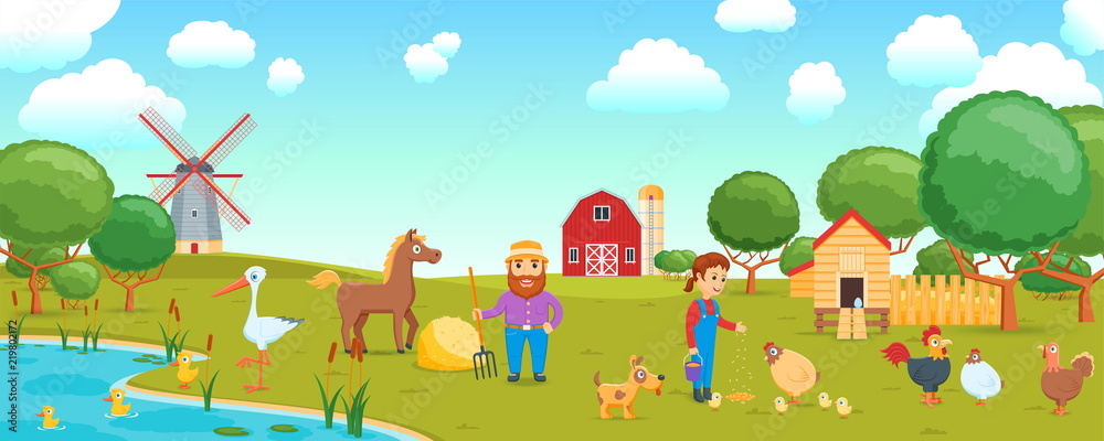Cartoon banner on a agricultural theme. Rural scene with people and ...