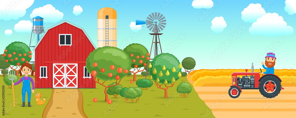 Cartoon banner on a agricultural theme. Rural scene with people and ...