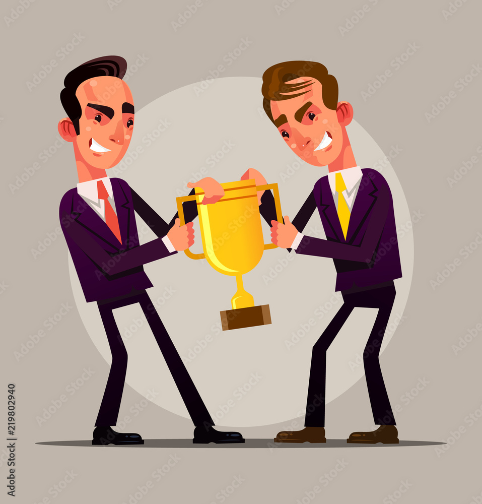 Two angry businessman office workers characters fighting for golden cup ...
