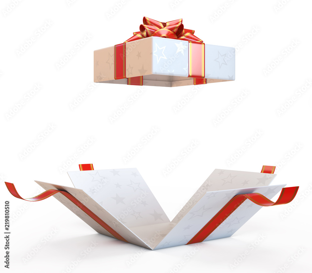 Open gift box with red bow and ribbon, present exploding 3d rendering ...