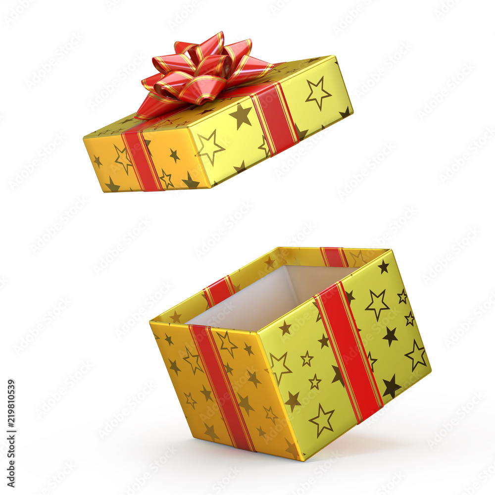 Open gift box with red bow and ribbon, present exploding 3d rendering ...