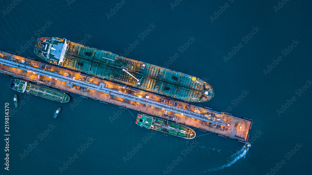 Aerial top view oil tanker ship loading in port view from above, Tanker ...