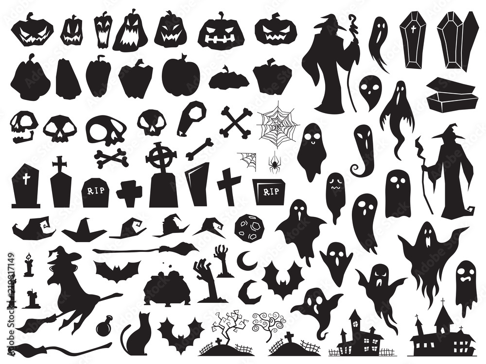 Halloween silhouettes. Spooky evil witch, creepy grave coffin and ...