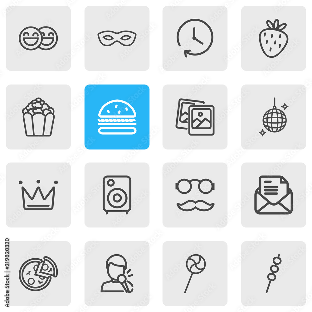 Vector illustration of 16 party icons line style. Editable set of ...
