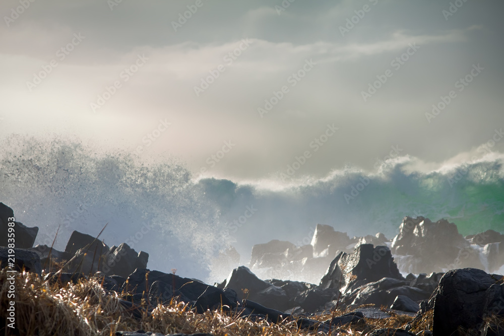 Wall of water like tsunami - turbulent waves of Pacific ocean Stock ...