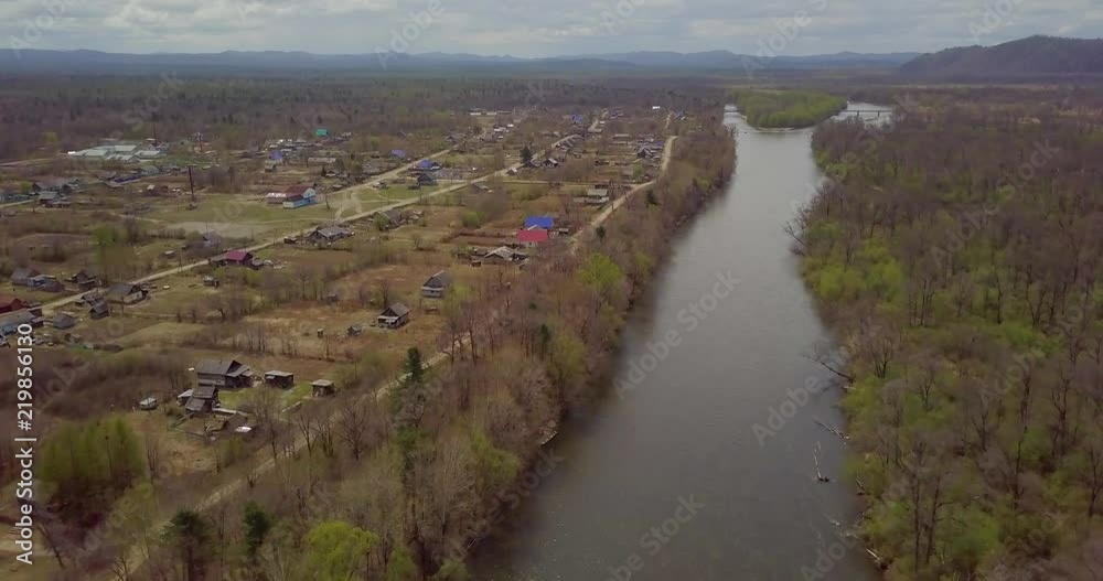 Top aerial viev the remote village of the small and the indigenous ...