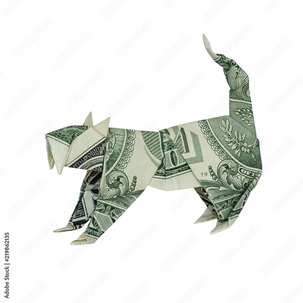 Money Origami Wild CAT Folded with Real One Dollar Bill Isolated on ...