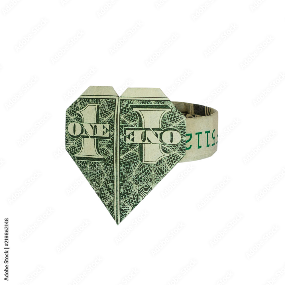 Money Origami Heart RING Folded with Real One Dollar Bill Isolated on ...