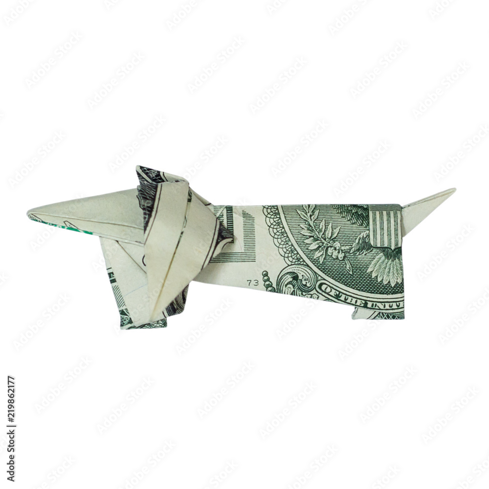 Money Origami DOG Folded with Real One Dollar Bill Isolated on White ...