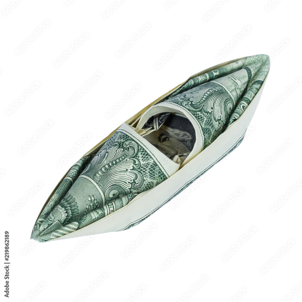 Money Origami KAYAK Folded with Real One Dollar Bill Isolated on White ...