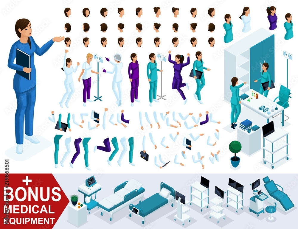 Isometrics create your nurse character, Set of hands, feet, gestures ...