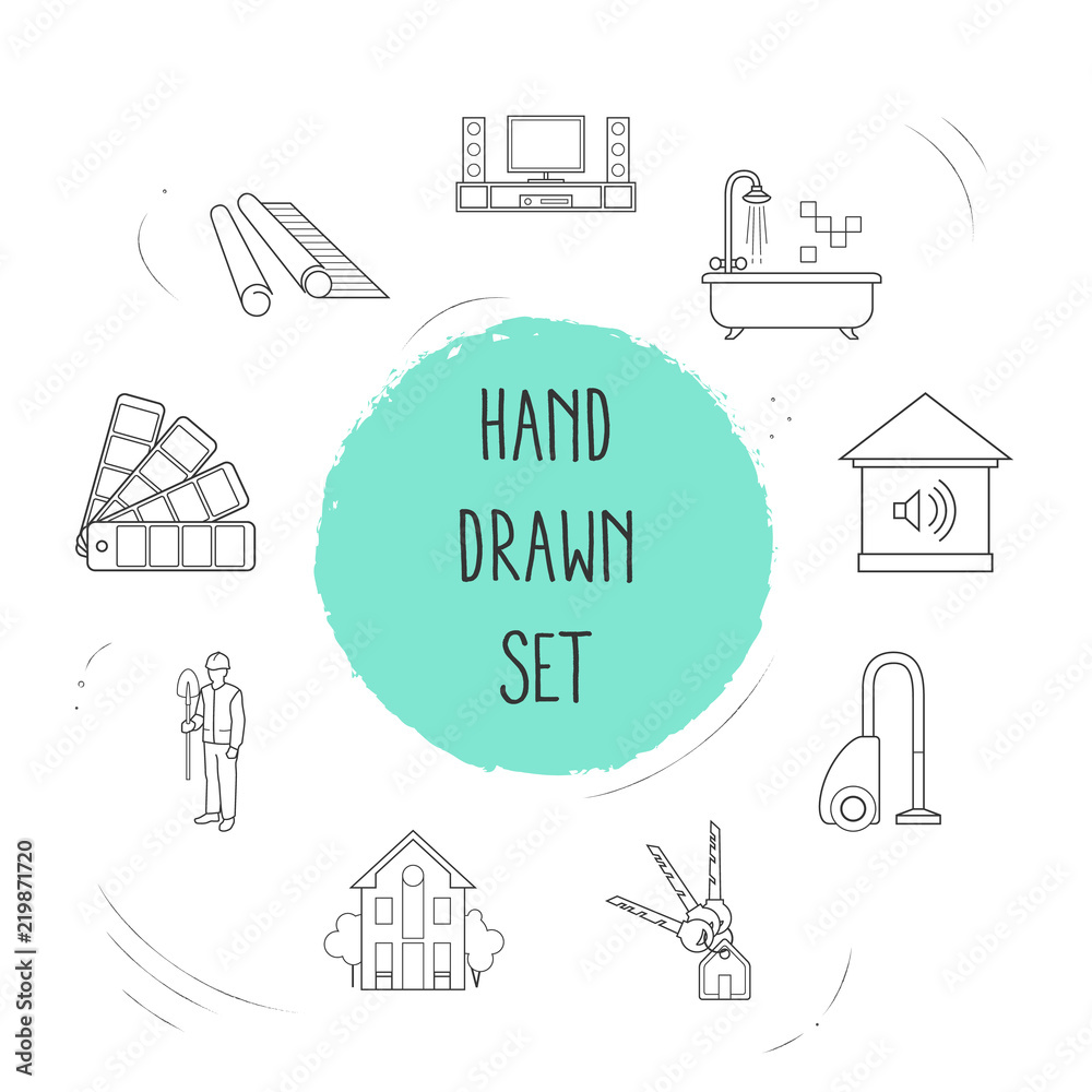Set of interior design icons line style symbols with house keys, tv ...