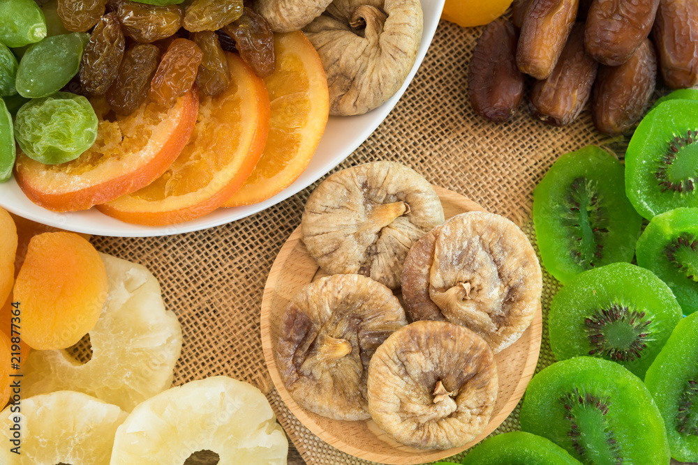 Stack of different dried fruits for eating healthy, Variation dry ...