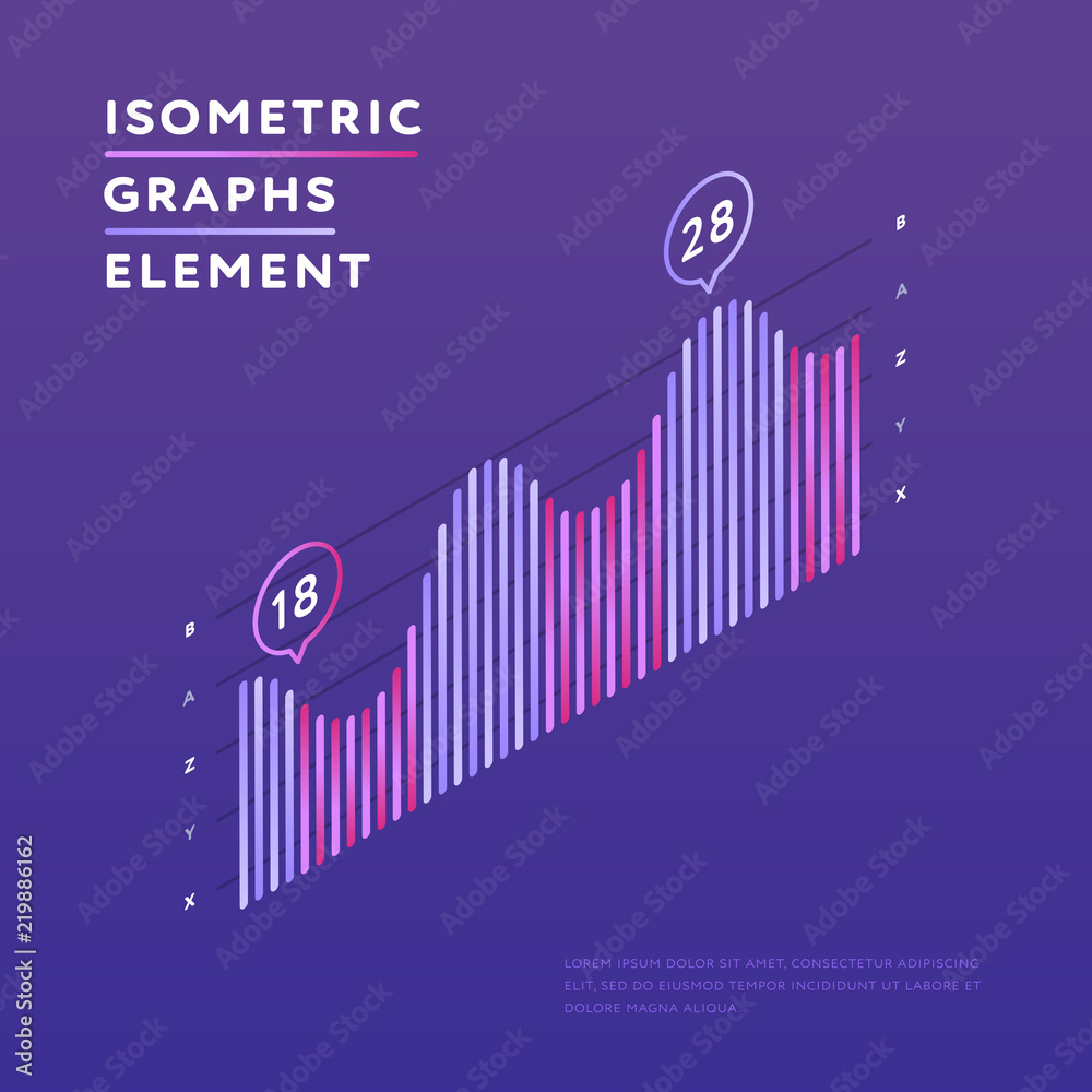 Minimalist isometric design of chart showing statistics on purple ...