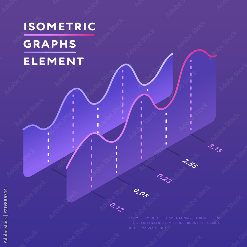 Wavy line of graphic chart in isometry showing information on purple ...