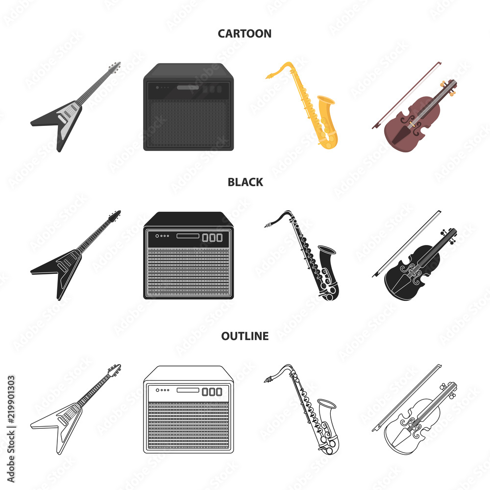 Electric guitar, loudspeaker, saxophone, violin.Music instruments set ...