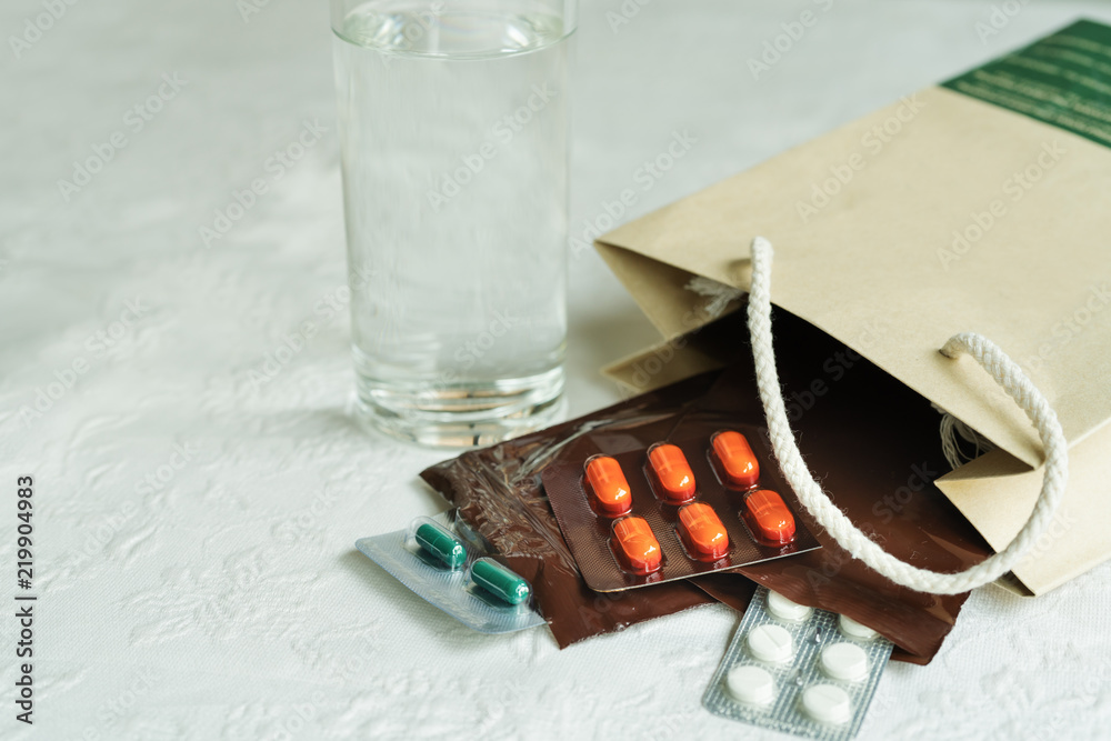 Prescription order from hospital doctor with medicines, drug in plastic ...