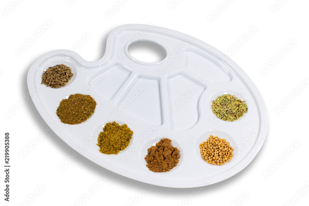 Palette of taste with spices. Concept photo about choice of spices in ...