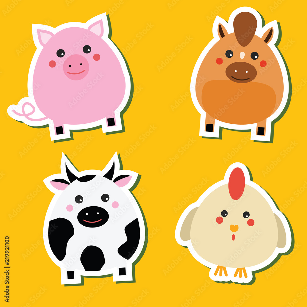 Cute kawaii farm animals stickers set. Vector illustration. Pig, horse ...