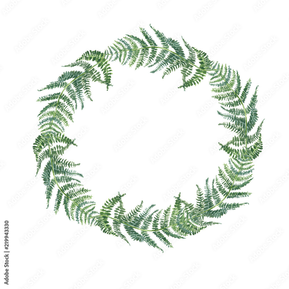 fern round wreath/ Watercolor floral frame. Hand drawn spring plants ...
