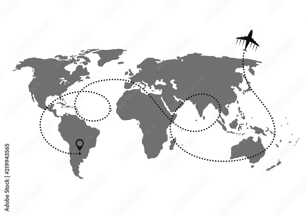 World map point with Business plane concept and its track on white ...