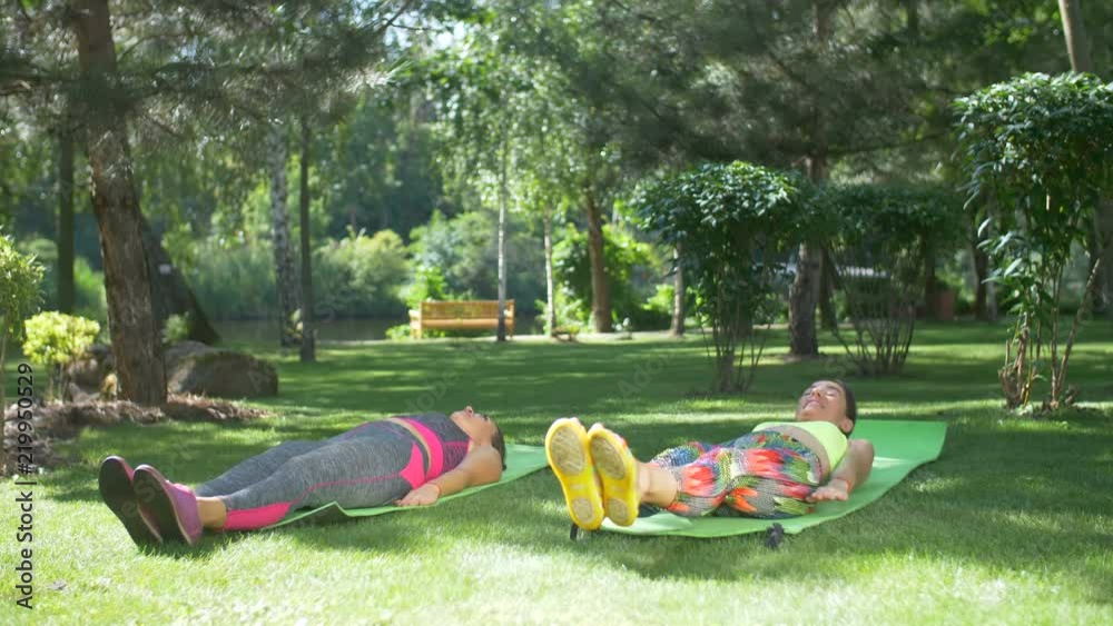 Concentrated fitness women in sportswear practicing v-ups crunches ab ...