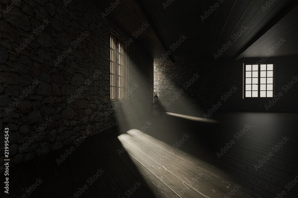 3d rendering of medieval empty room with light rays at window Stock ...