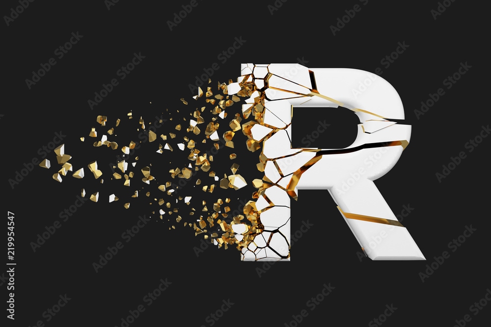 Broken shattered alphabet letter R uppercase. Crushed white and gold ...