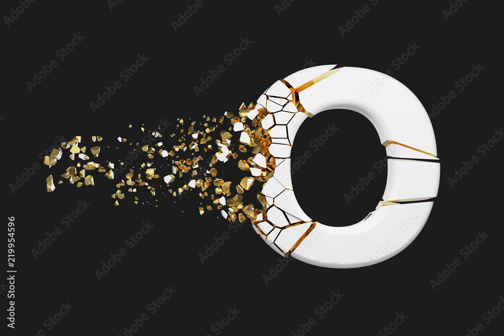 Broken shattered alphabet letter O uppercase. Crushed white and gold ...