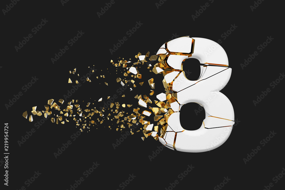 Broken shattered alphabet number 8. Crushed white and gold font. 3D ...