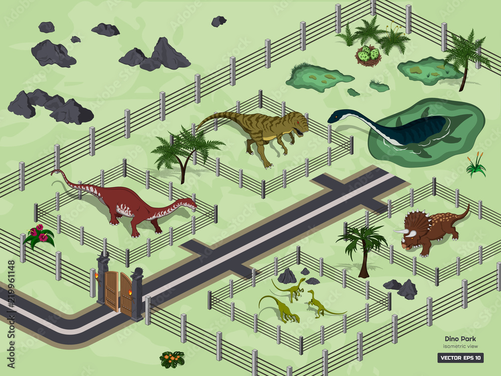 Dinosaur park in isometric style. Jurassic museum. Zoo of 3d ancient ...