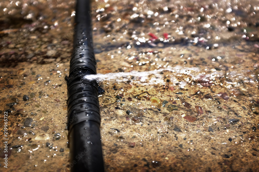 Leaking Hose Spraying Water on Sidewalk Leak Leaks Spray Stock Photo ...